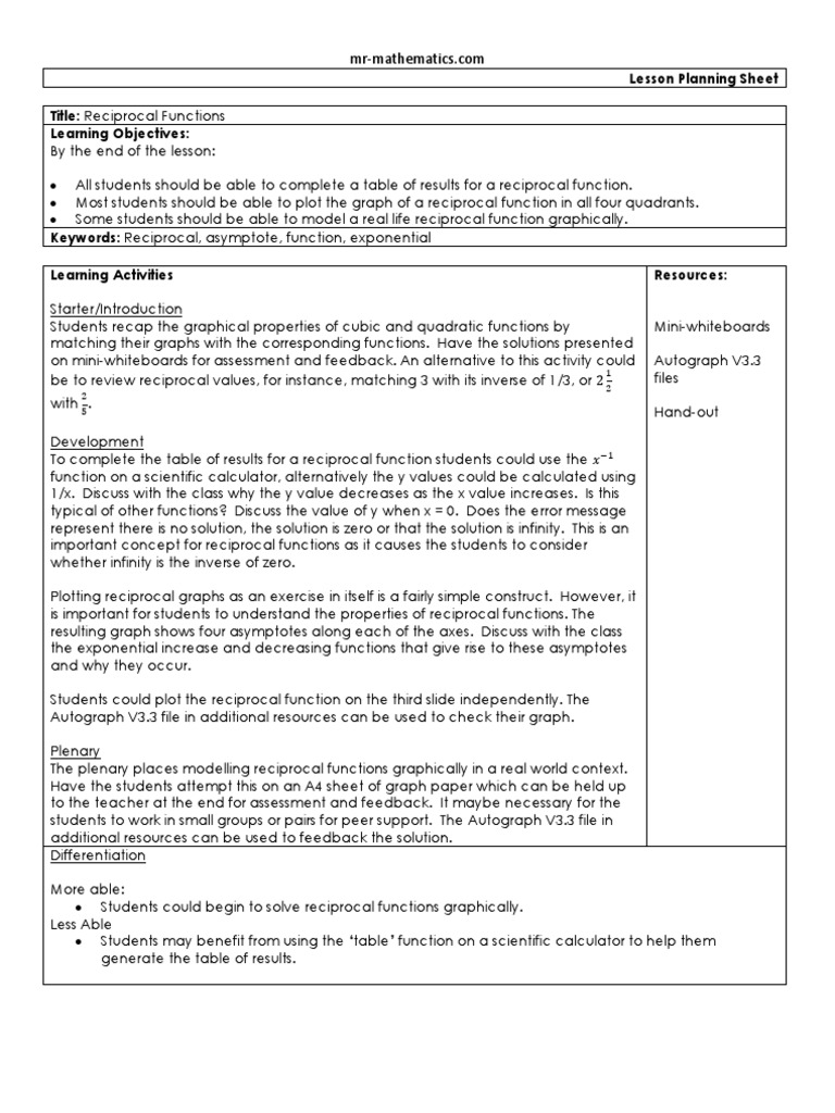 Lesson Planning Reciprocals | PDF | Function (Mathematics ...