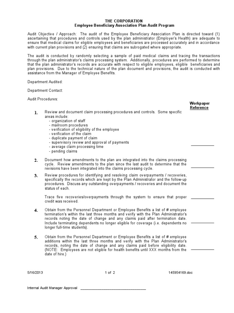 Employee Benefits Claims Audit Program | PDF | Audit | Employee Benefits
