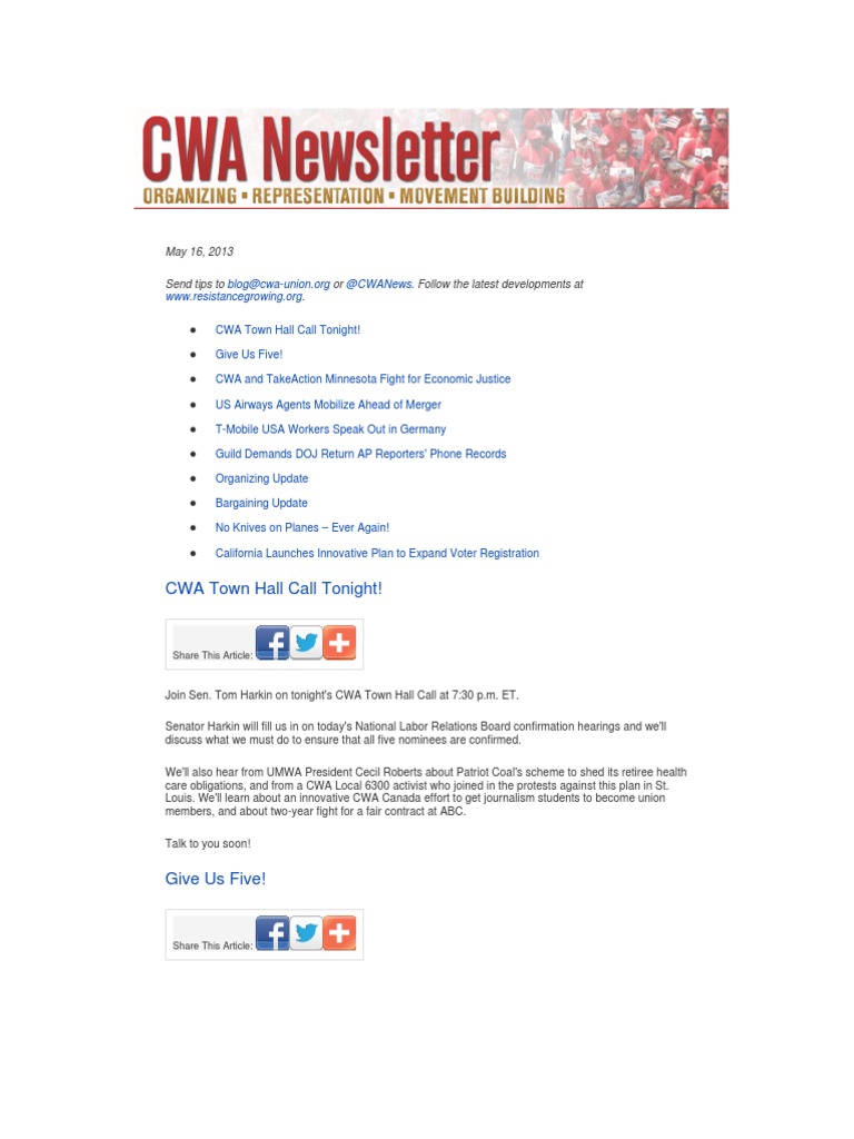 Cwa Town Hall Call Tonight!: @cwanews | PDF | National Labor Relations ...