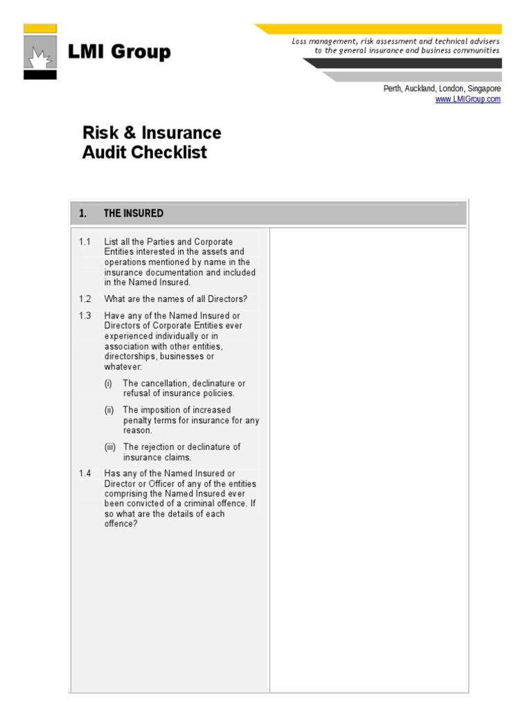 Risk Insurance Audit Checklist | Insurance | Lease