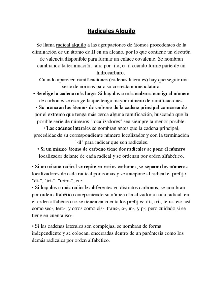 Radicales Alquilo..... | PDF | Radical (Química) | Alcano