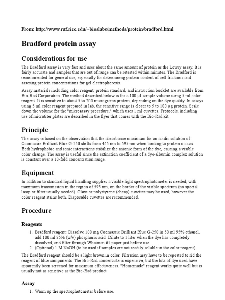 Bradford Protein Cuantification Assay | PDF | Biotechnology | Chemistry Bradford Protein Cuantification Assay | PDF | Biotechnology | Chemistry