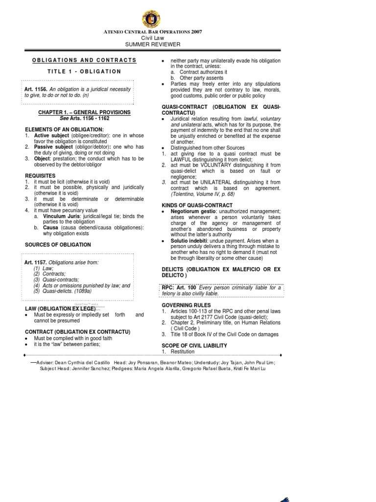 Oblicon Reviewer (ATENEO 2007) PDF | PDF | Law Of Obligations | Negligence