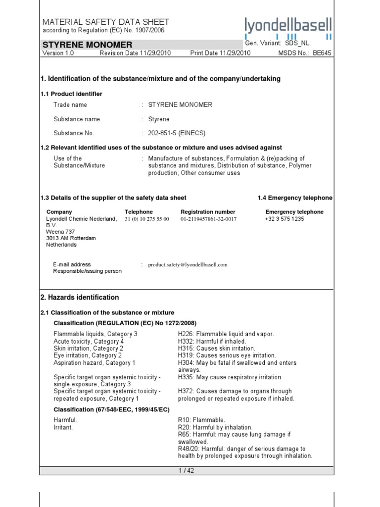Styrene Monomer Safety Data Sheet | PDF | Personal Protective Equipment ...