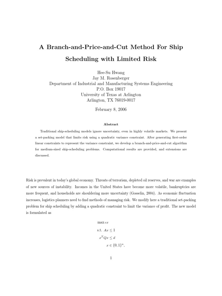 A Branch-and-Price-and-Cut Method For Ship Scheduling With Limited Risk ...