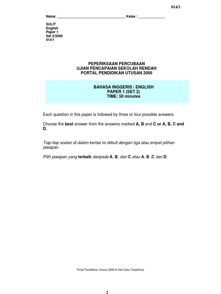 Nama: - Kelas: - Sulit English Paper 1 Set 2/2006 014/1 | PDF | Sports ...