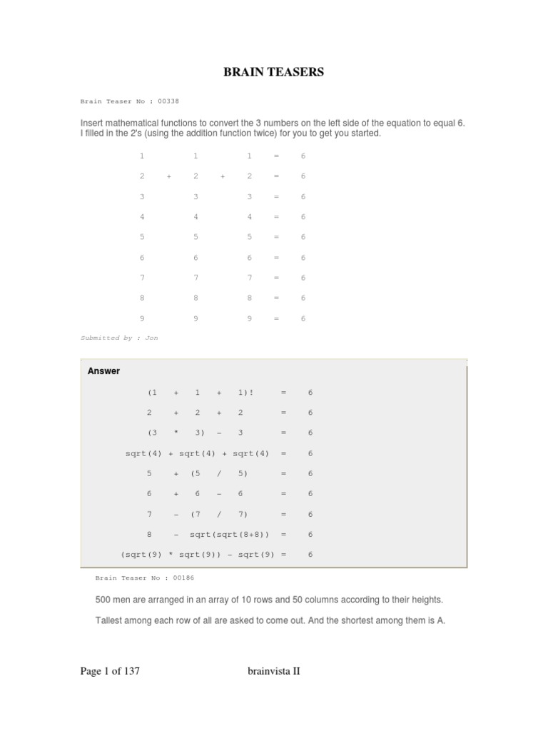 Brain Teasers | PDF | Multiplication | Pi