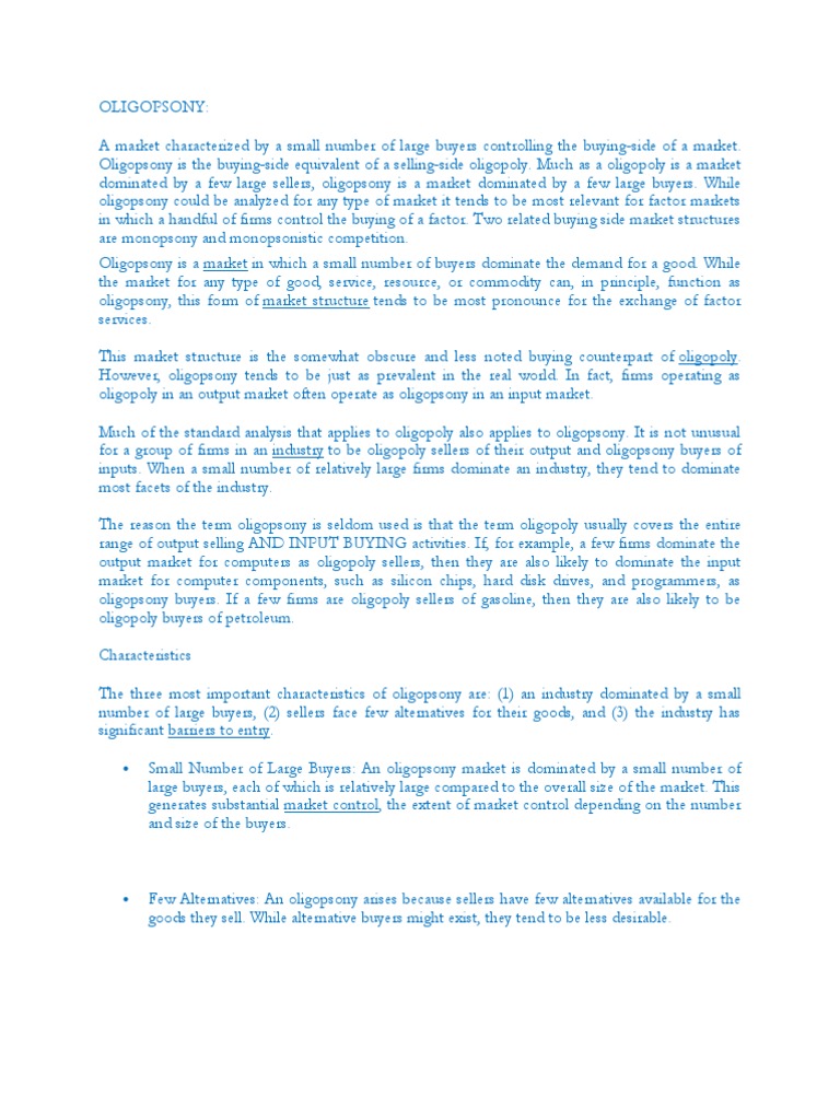 OLIGOPSONY | PDF | Oligopoly | Monopoly