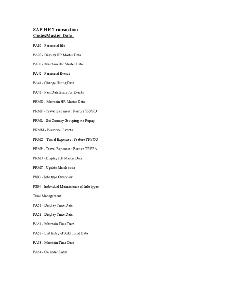 SAP HR Tcodes and All Basis Useful Transaction Codes. | PDF | Databases | Computer Engineering