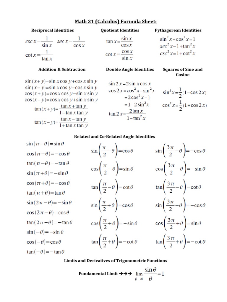 Calculus Formula Test Sheet | PDF | Trigonometric Functions | Function ...