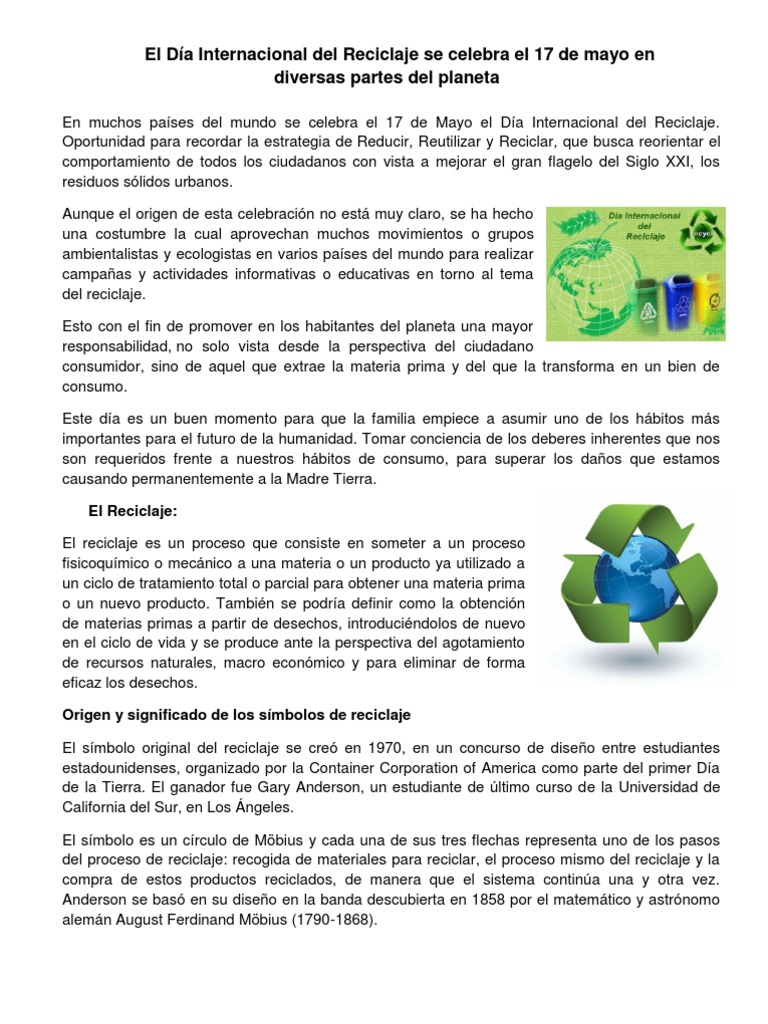 El Día Internacional Del Reciclaje y Taller | PDF | Reciclaje | Residuos