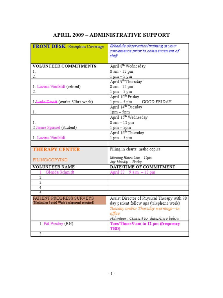 APRIL 2009 Clerical Support Schedule | PDF | Health Care