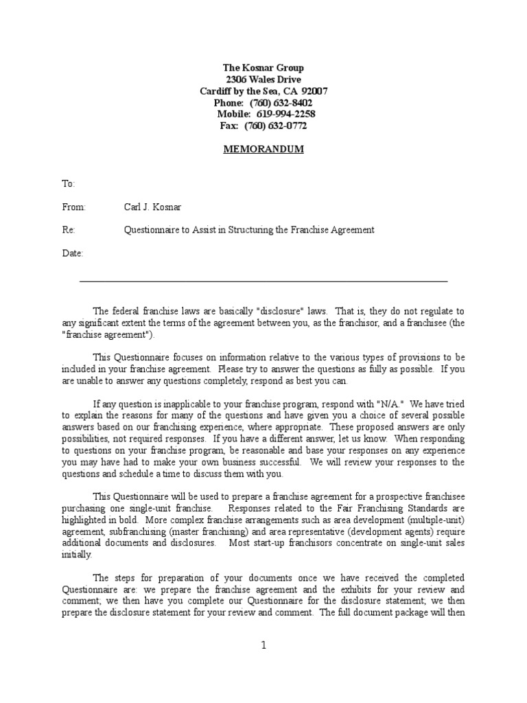 The Kosnar Group Franchise Agreement Questionnaire | PDF | Franchising ...
