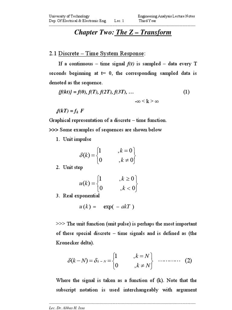 Chapter Two: The Z - Transform: 2.1 Discrete - Time System Response | PDF | Functions And ...