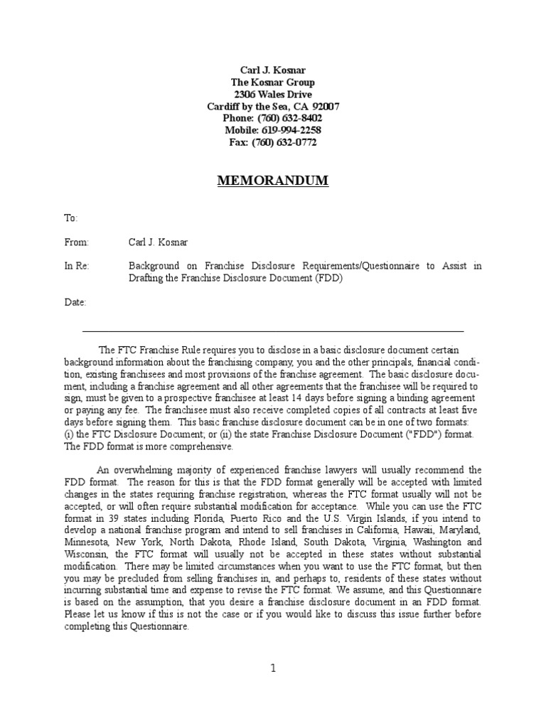 The Kosnar Group FDD Questionnaire | PDF | Franchising | Bankruptcy