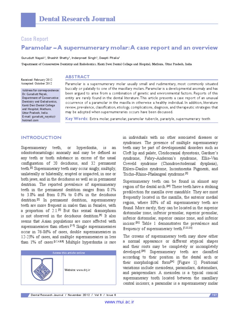 Paramolar - A Supernumerary Molar A Case Report and An Overview | PDF ...