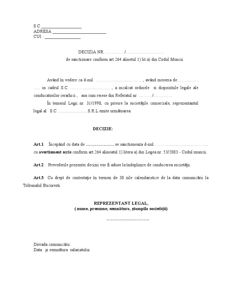 Model Decizie Avertisment