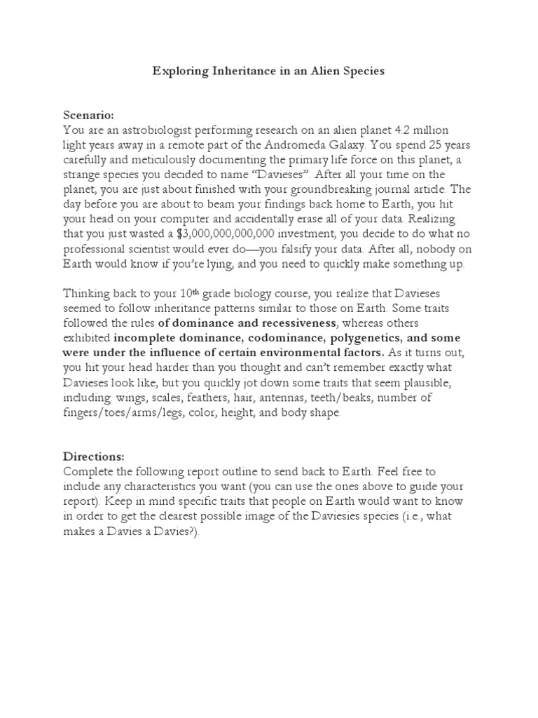 Alien Inheritance Worksheet | PDF | Phenotypic Trait | Dominance (Genetics)