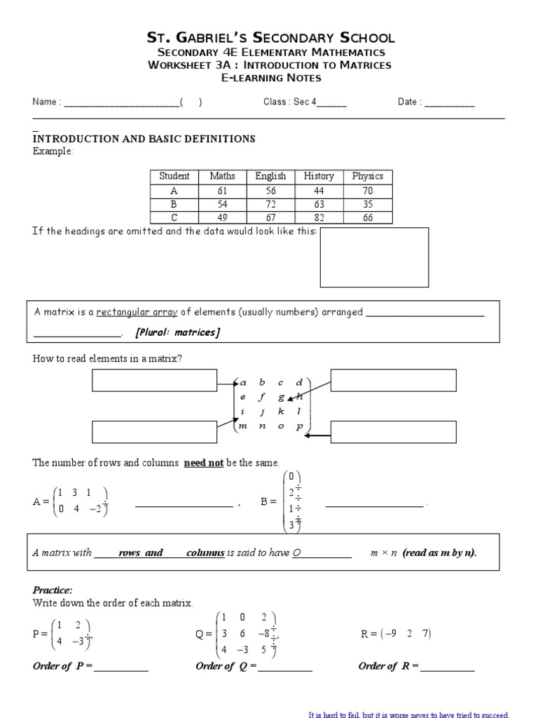 4E WS3A Intro To Matrices | PDF | Operator Theory | Matrix (Mathematics)