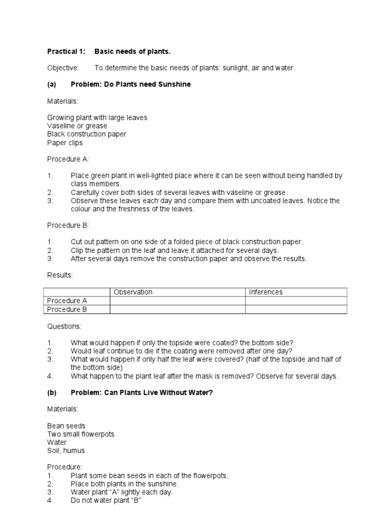 Basic Needs of Plants Experiment | PDF