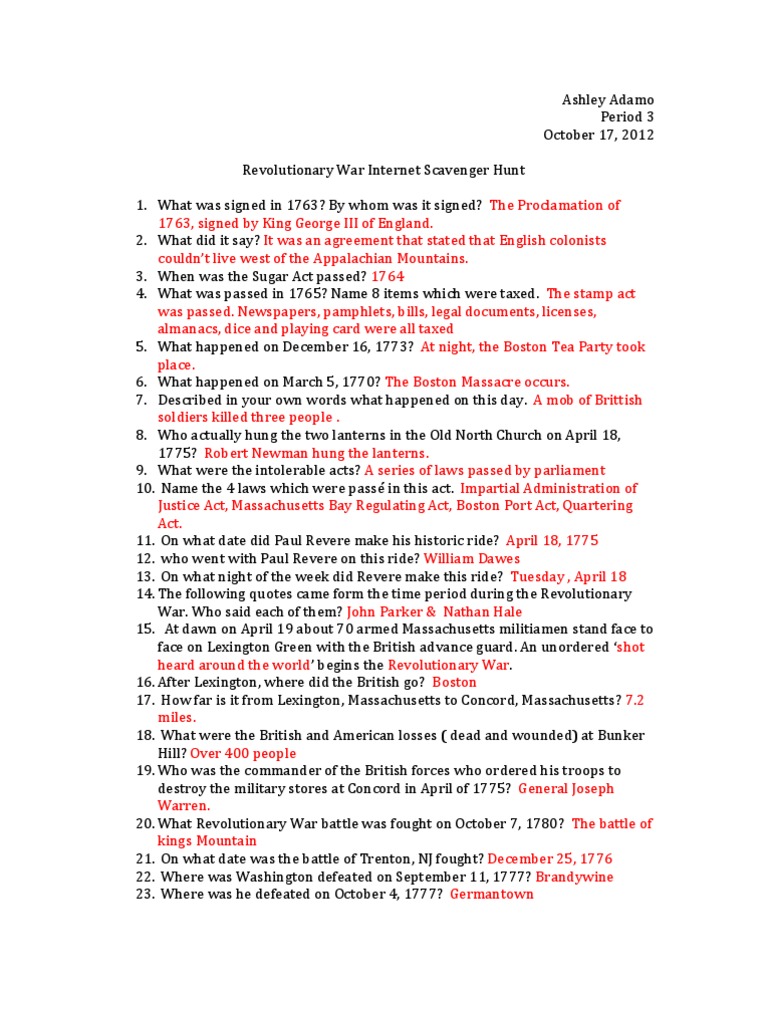 Revolutionary War Scavenger Hunt | PDF | Separation Of Powers ...