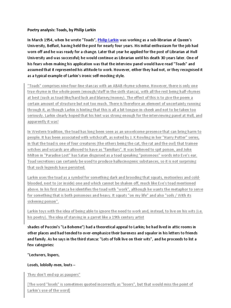 Analysis of Larkin's "Toads" Poem | PDF | Poetry