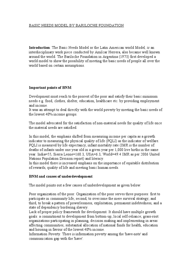 Basic Needs Model by Bariloche Foundation | PDF | Basic Needs | Poverty