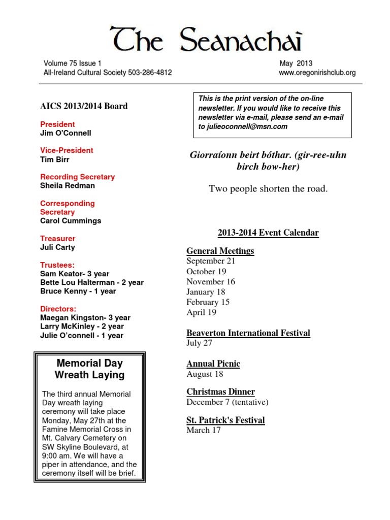 May 2013 Seanachai | PDF | Ireland | Foods