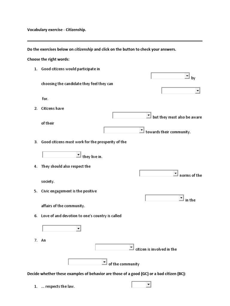 Vocabulary Exercise - Citizenship | PDF