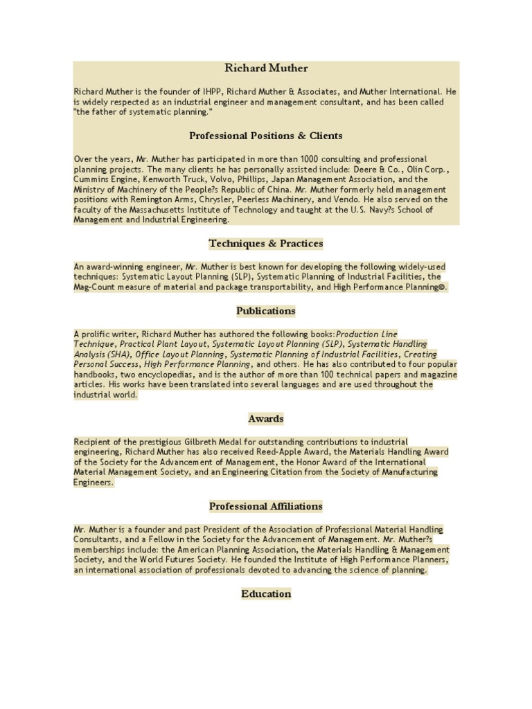 Biography Richard Muther | PDF | Engineer | Industrial Engineering