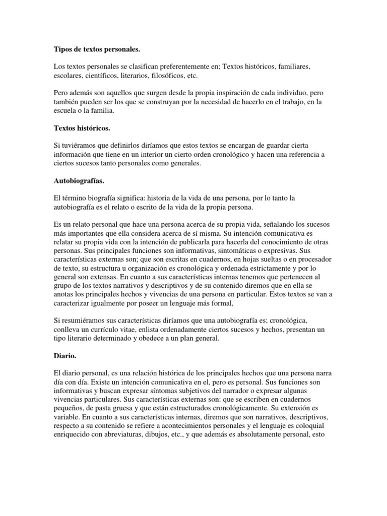Tipos de textos personales y sus características | PDF | Memoria | Diario