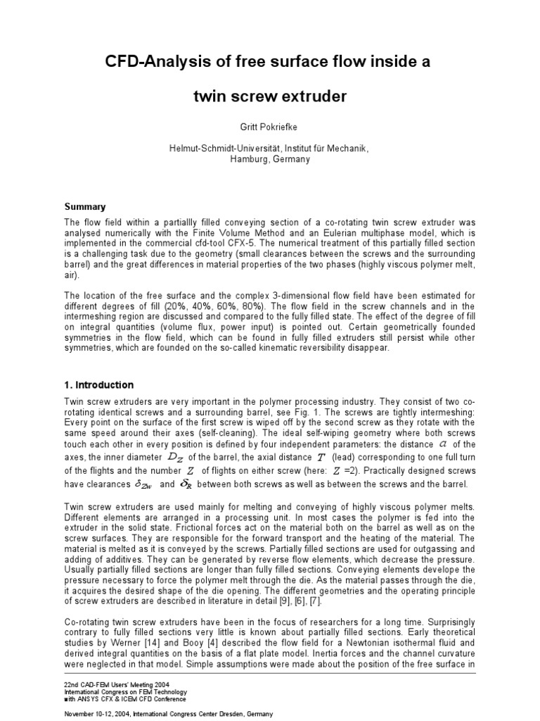 CFD-Analysis of Free Surface Flow Inside A Twin Screw Extruder | PDF ...