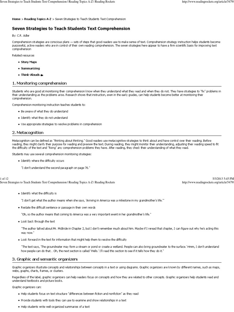 Seven Strategies To Teach Students Text Comprehension - Reading Topics ...