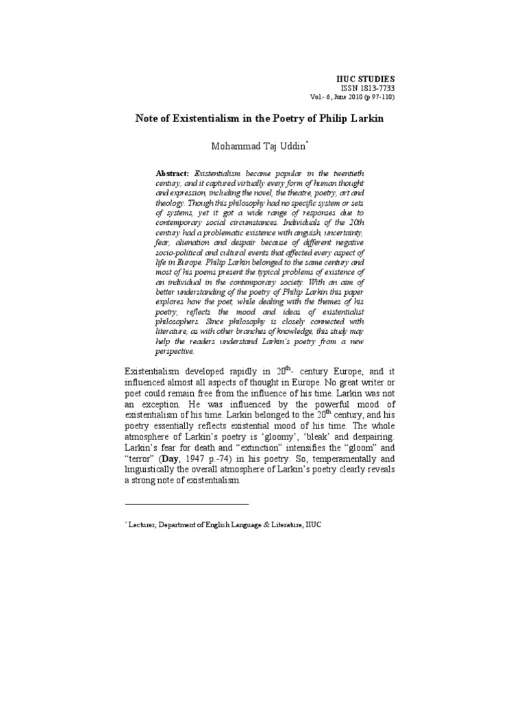 Existential Themes in Philip Larkin's Poetry: A Study of Larkin's ...