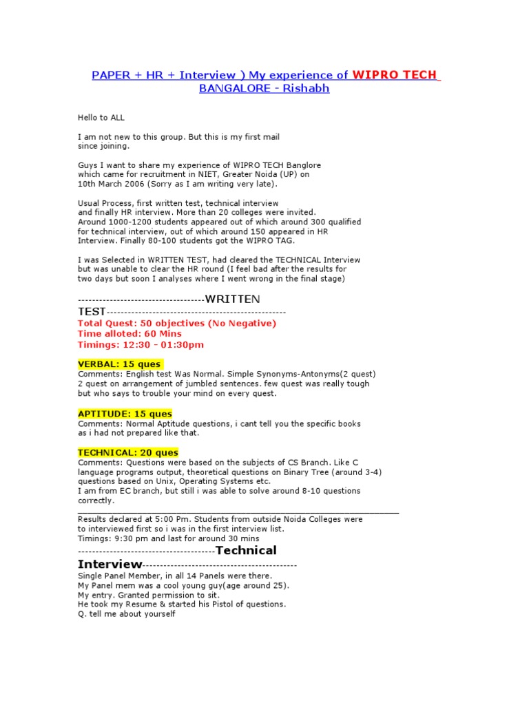 WIPRO Interview Experience | PDF | Cognition | Cognitive Science