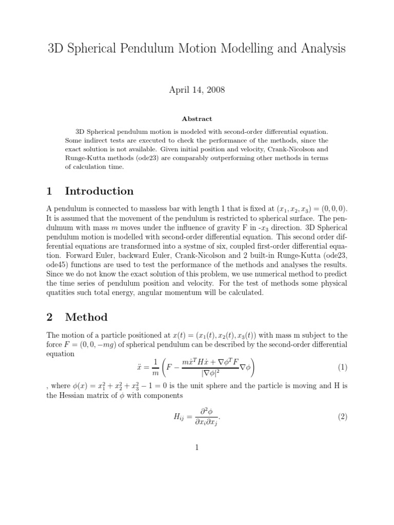 3D Spherical Pendulum Motion Modelling and Analysis: April 14, 2008 | Download Free PDF ...