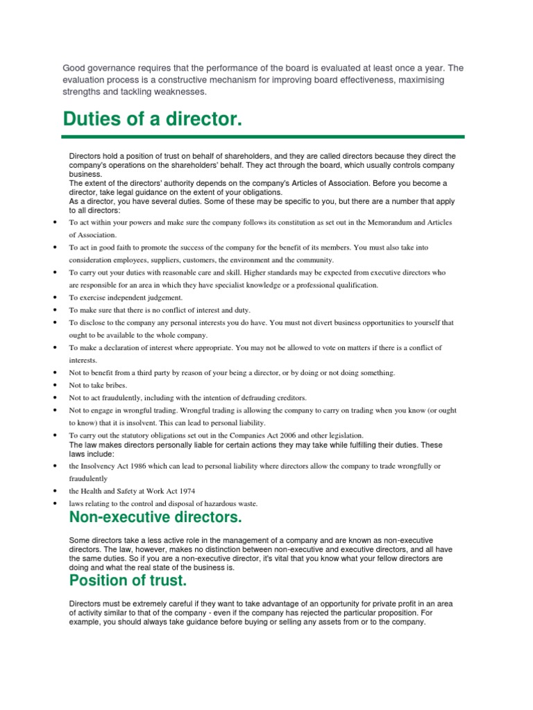 Duties of A Director.: Non-Executive Directors | PDF | United Kingdom ...