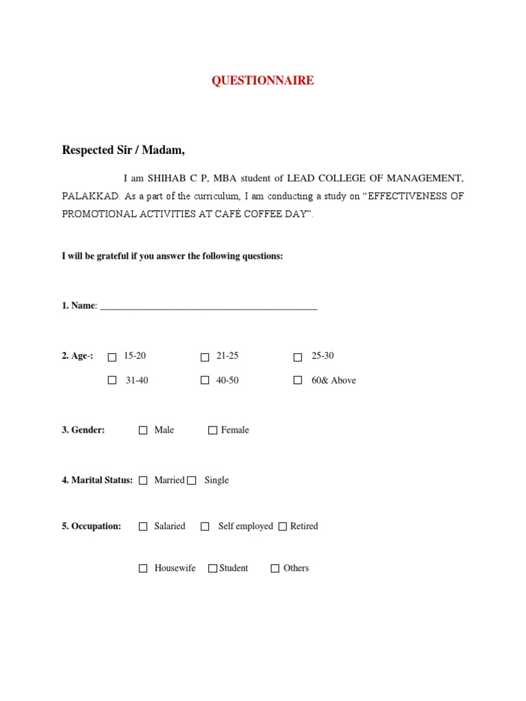 Respected Sir / Madam,: Questionnaire | PDF