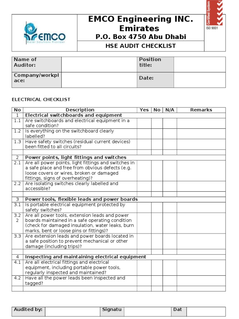 Hse Audit Checklist Safety | PDF | Personal Protective Equipment ...