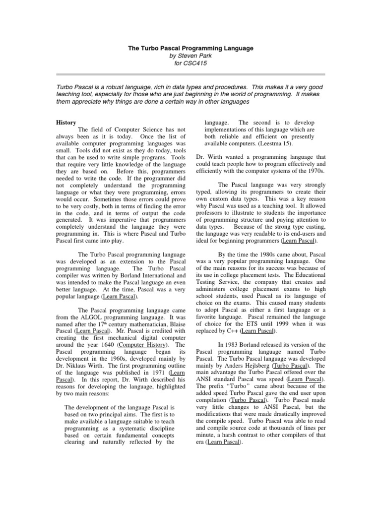 History: The Turbo Pascal Programming Language | PDF | Control Flow ...