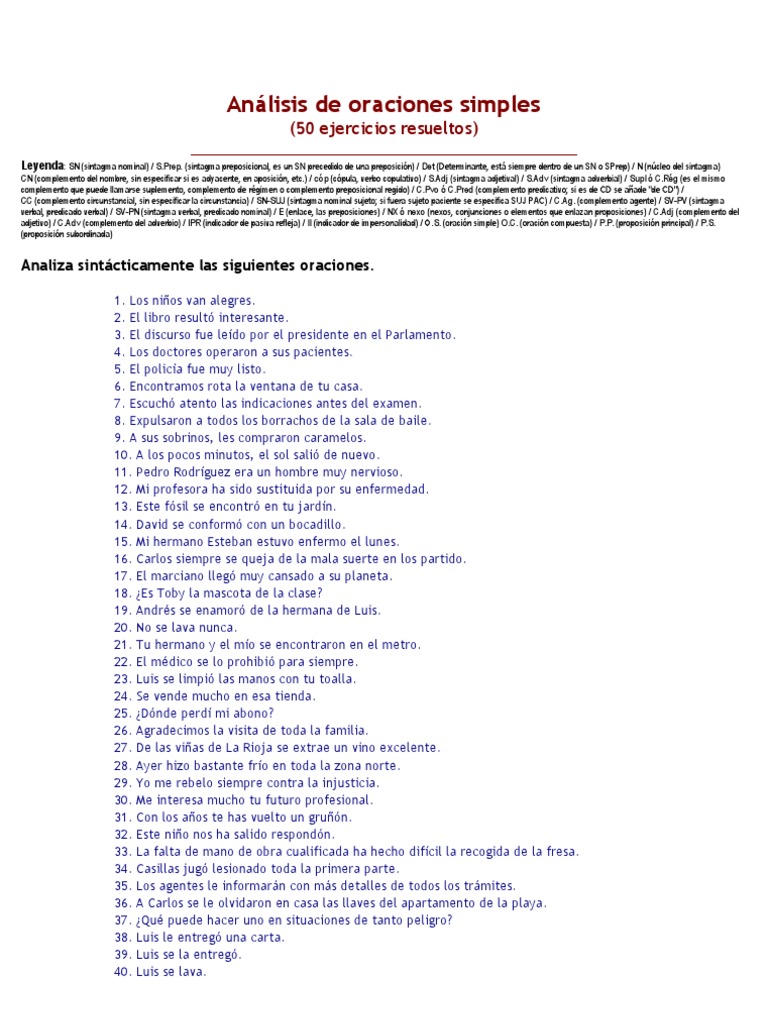 Análisis Sintáctico de 50 Oraciones Simples | PDF | Predicado ...