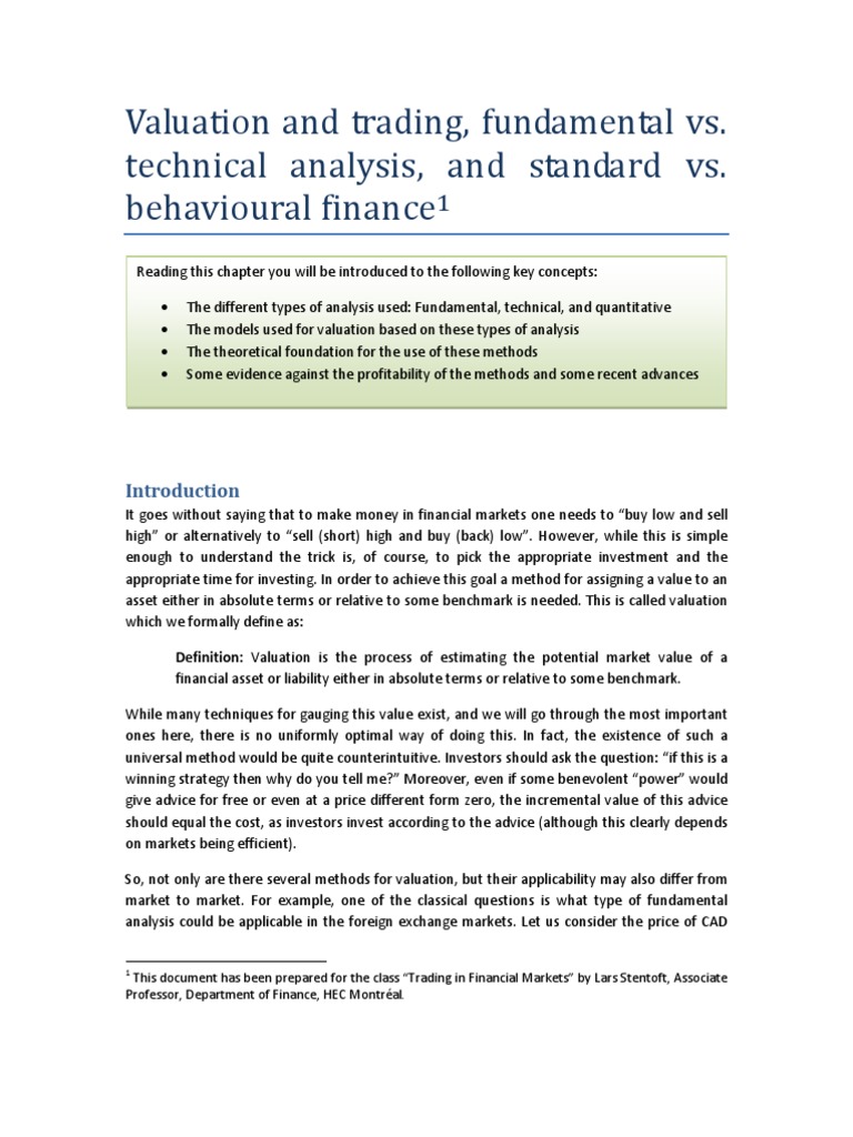 Valuation and Trading, Fundamental vs. Technical Analysis, and Standard ...