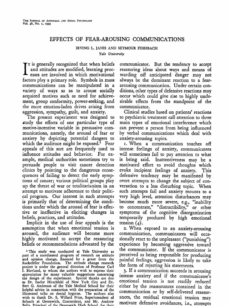 Janis & Feshback (1953) | PDF | Attitude (Psychology) | Fear