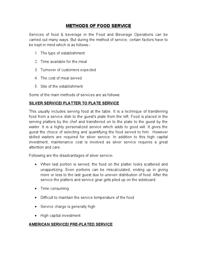 Methods of Food Service | PDF | Tableware | Cafeteria