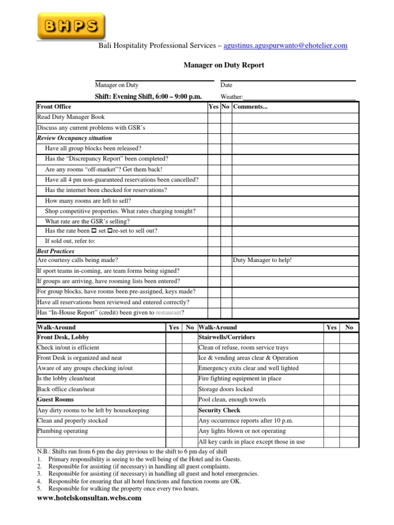 Manager on Duty Report Template | PDF | Hotel And Accommodation | Business