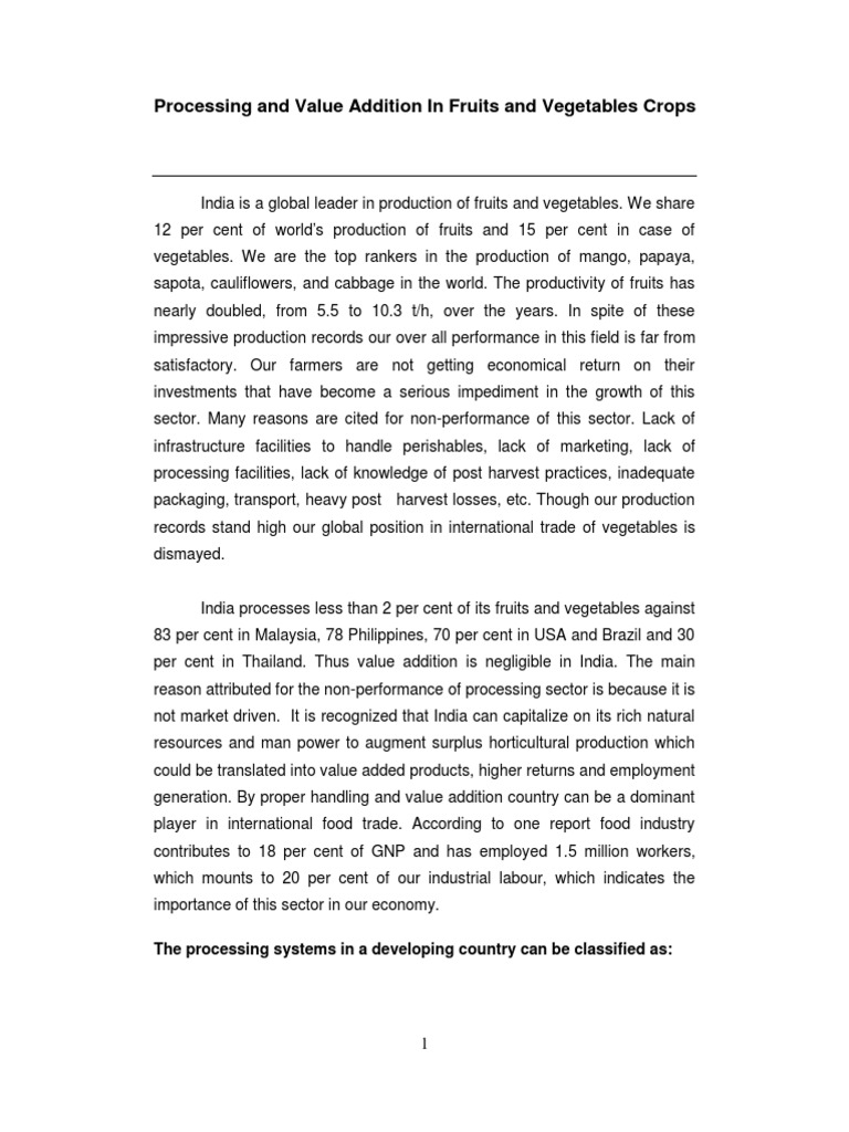 Processing and Value Addition in Fruits and Vegetables Crops | PDF ...