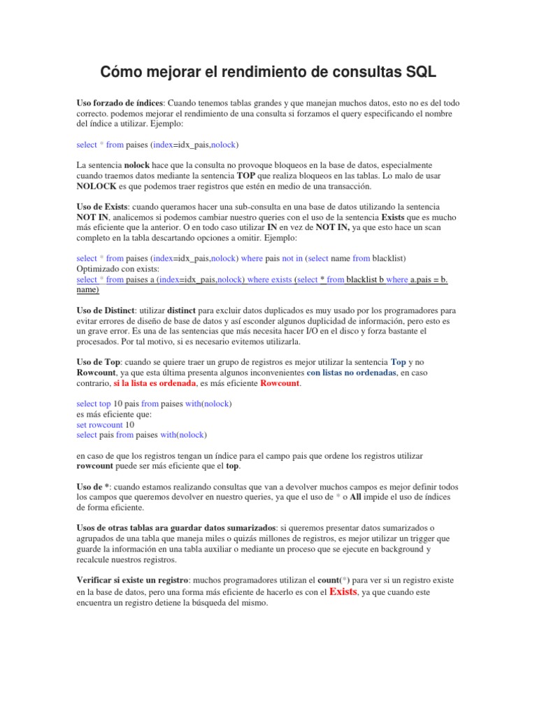 Mejorar Consultas SQL | PDF | SQL | Servidor SQL de Microsoft