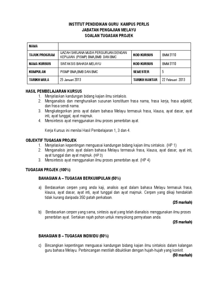 Soalan Kerjakursus Sintaksis Bahasa Melayu | PDF