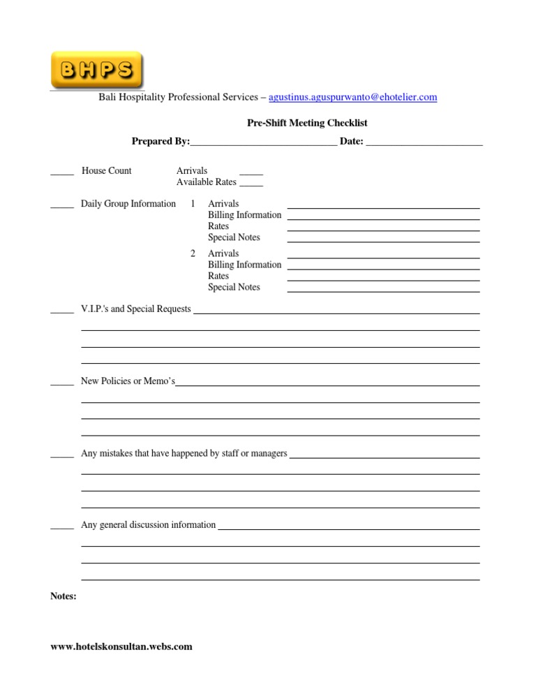 FO Pre Shift Meeting Checklist Template | PDF | Finance & Money ...