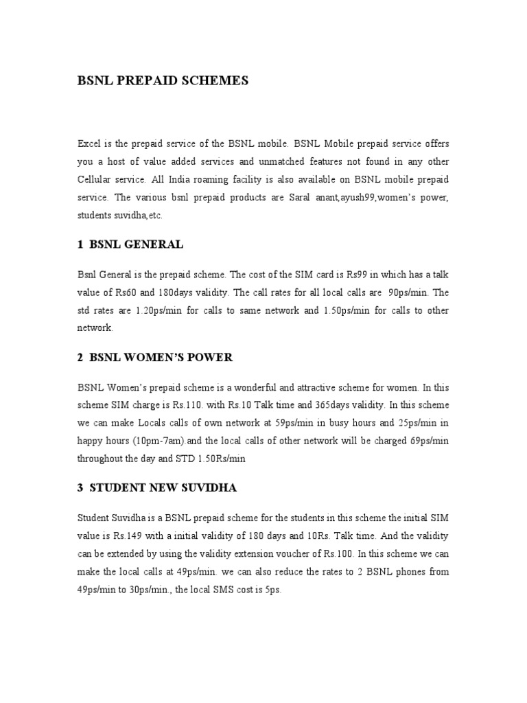 BSNL Prepaid Schemes | PDF | Short Message Service | Roaming